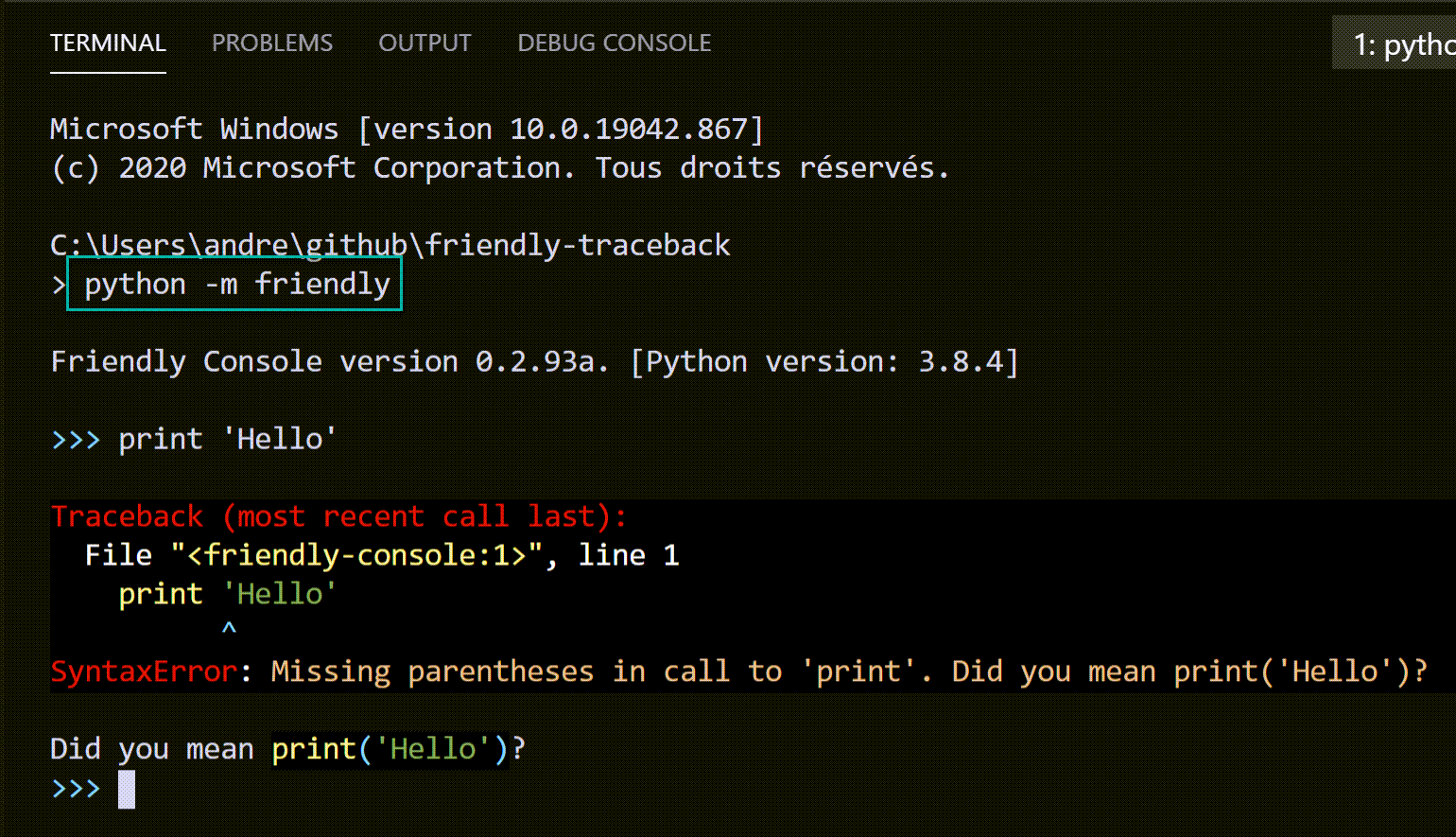 Visual Studio Code s Terminal Friendly traceback 0 7 49
